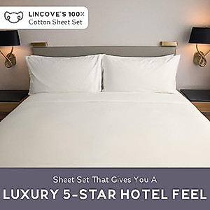 Lincove 100% Cotton Sateen 4 Piece Bed Sheet Set – 400 Thread Count, Ultra Soft Luxury Sheets with 15” Deep Pockets - Includes 1 Fitted Sheet, 1 Flat Sheet, 2 Pillowcases (Queen, Ivory)