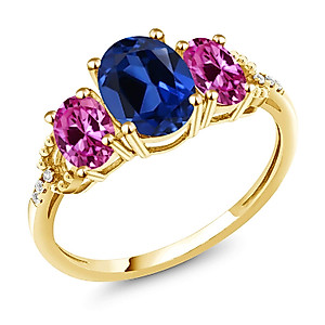 Gem Stone King 2.64 Ct Oval Blue Created Sapphire Pink Created Sapphire 10K Yellow Gold Ring (Size 9)