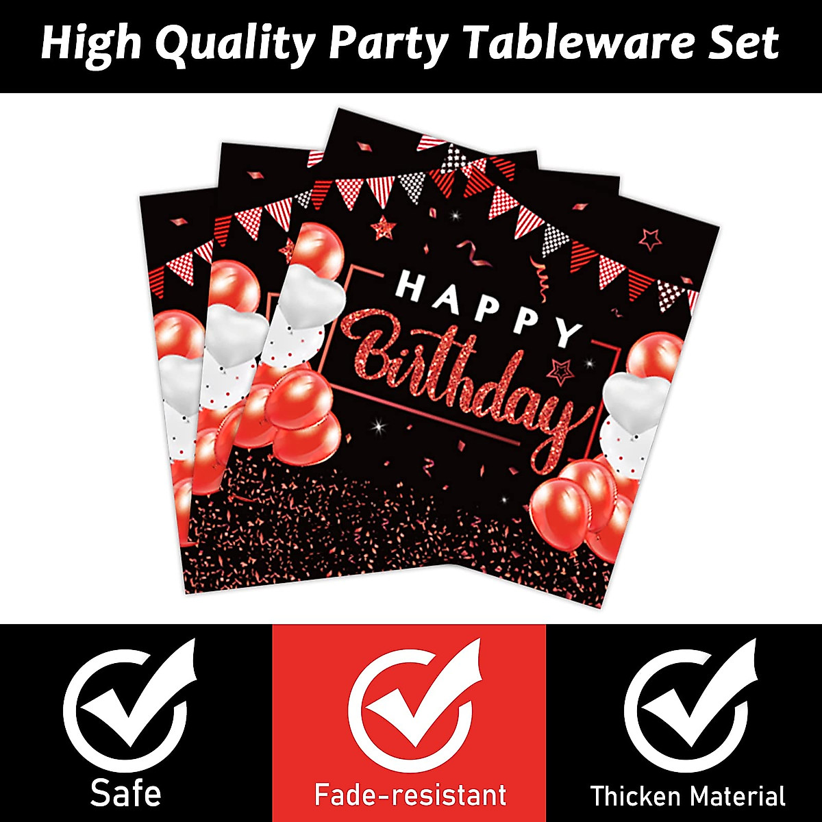 200Pcs Red and Black Birthday Party Tableware Set Confetti Sprinkles Happy Birthday Supplies Red and Black Paper Plates and Napkins Forks for Man and Woman Birthday Party Decorations for 50 Guests