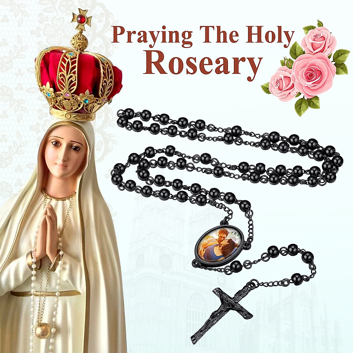 Custom4U Custom Rosary with Picture & Name Personalized Rosary Beads Catholic for Women Photo Pendant Cross Necklace Chain Customized Memorial Religious Jewelry for Women Men