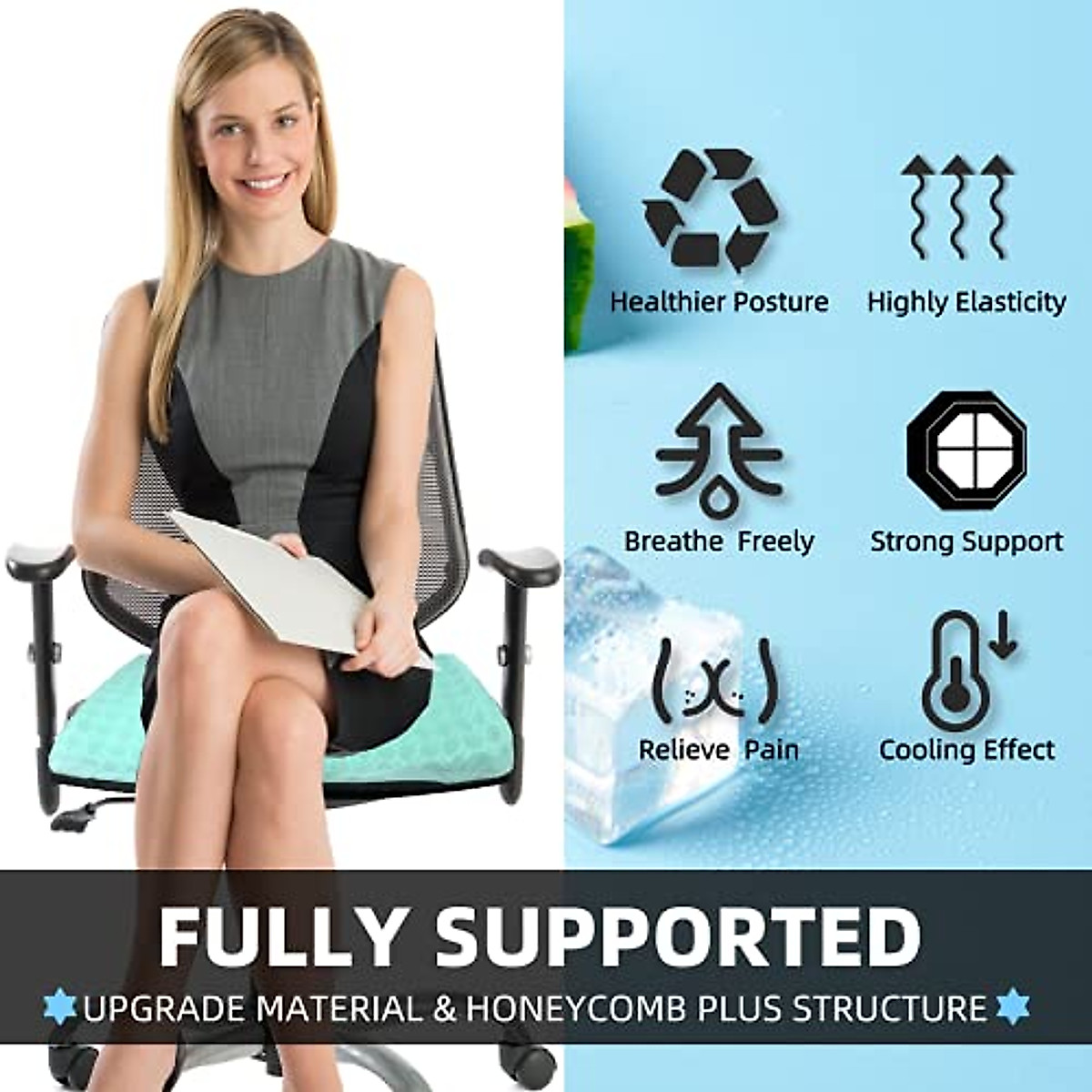 Gel Seat Cushion for Long Sitting, Cooling Office Chair Cushion with Double Thicken Layer & Dense Ring Design, Egg Seat Cushion for Desk Home Car Wheelchair, Sciatica Tailbone & Back Pain Relief