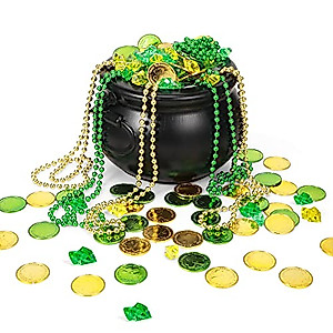 307 Pcs St Patrick's Day Black Candy Cauldron Kettle with Handle Set Shamrock Leprechaun Coin Gold and Green Gem Clover Necklace Lucky Plastic Jewelry Treasure Pot for Saint Patty's Day Party Decor
