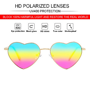 Polarized Heart Sunglasses for Women Fashion Lovely Style Metal Frame UV400 Protection Lens (Gold/Rainbow Mirror)