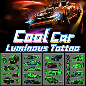 6 Sheets Car Temporary Tattoos for Kids Boys Glow Race Car Body Stickers Waterproof Tattoo Stickers Luminous Vehicle Cute Tattoo Sticker Gifts Birthday Party Supplies Favors Bag Filler Decorations