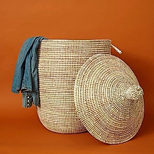Senegal Jumbo Solid White Color Hand Woven Grass Basket with Hooded Lid