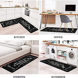 Faptoena Black Kitchen Rugs and Mats Sets of 2, Funny Kitchen Decoration Rubber Backing Non-Slip Absorbent Mats for Sink Waterproof Runner Rug for Laundry Room 17x30+17x48inch