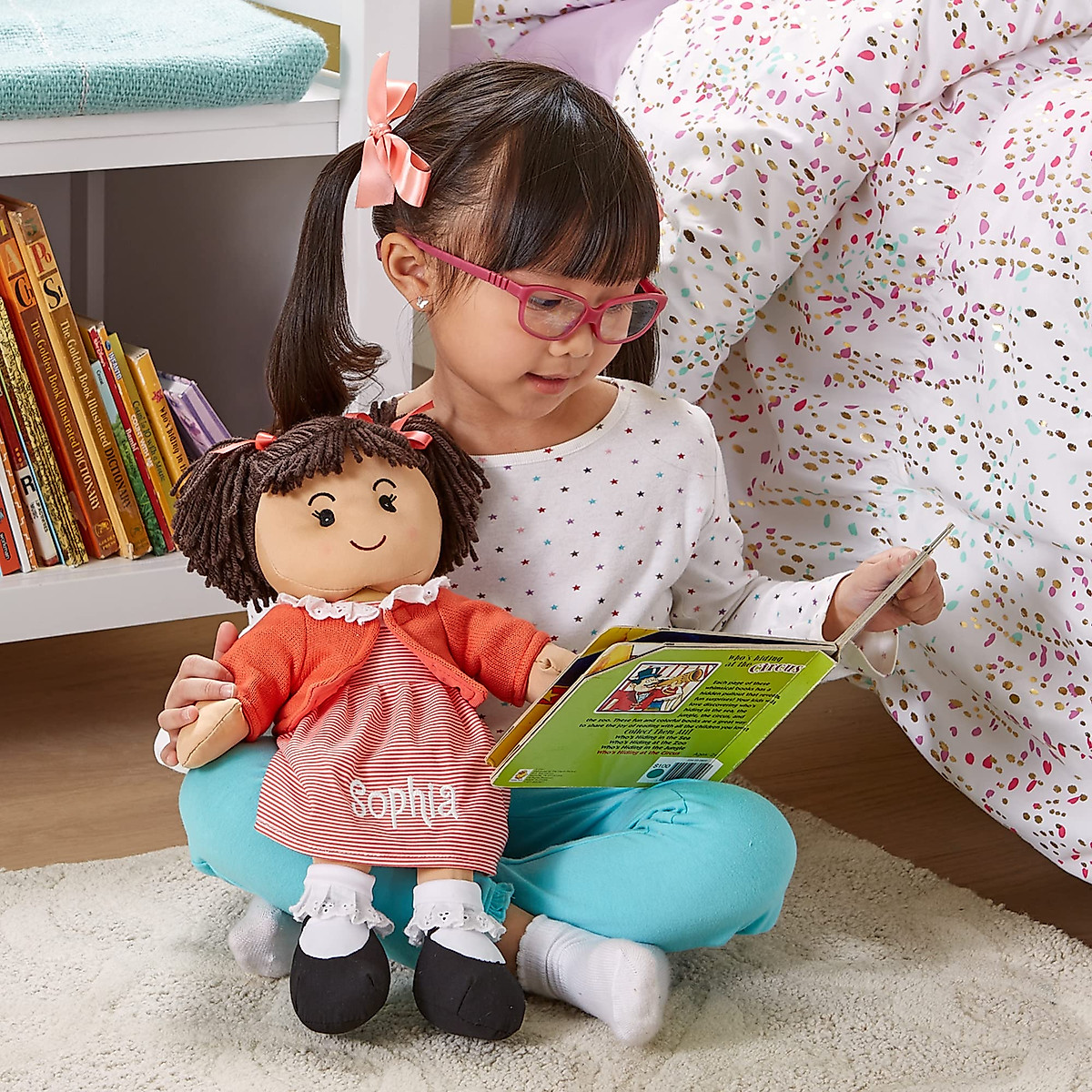 Let's Make Memories Personalized Rag Doll - Soft Doll for Kids - Dark Brown Hair - Disco