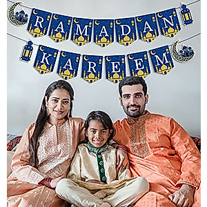 PTFNY Ramadan Kareem Banner Muslim Ramadan Mubarak Bunting Banner Garland Ramadan Kareem Decorations for Islamic Ramadan Eid Festival Celebration Mantle Fireplace Wall Party Decorations