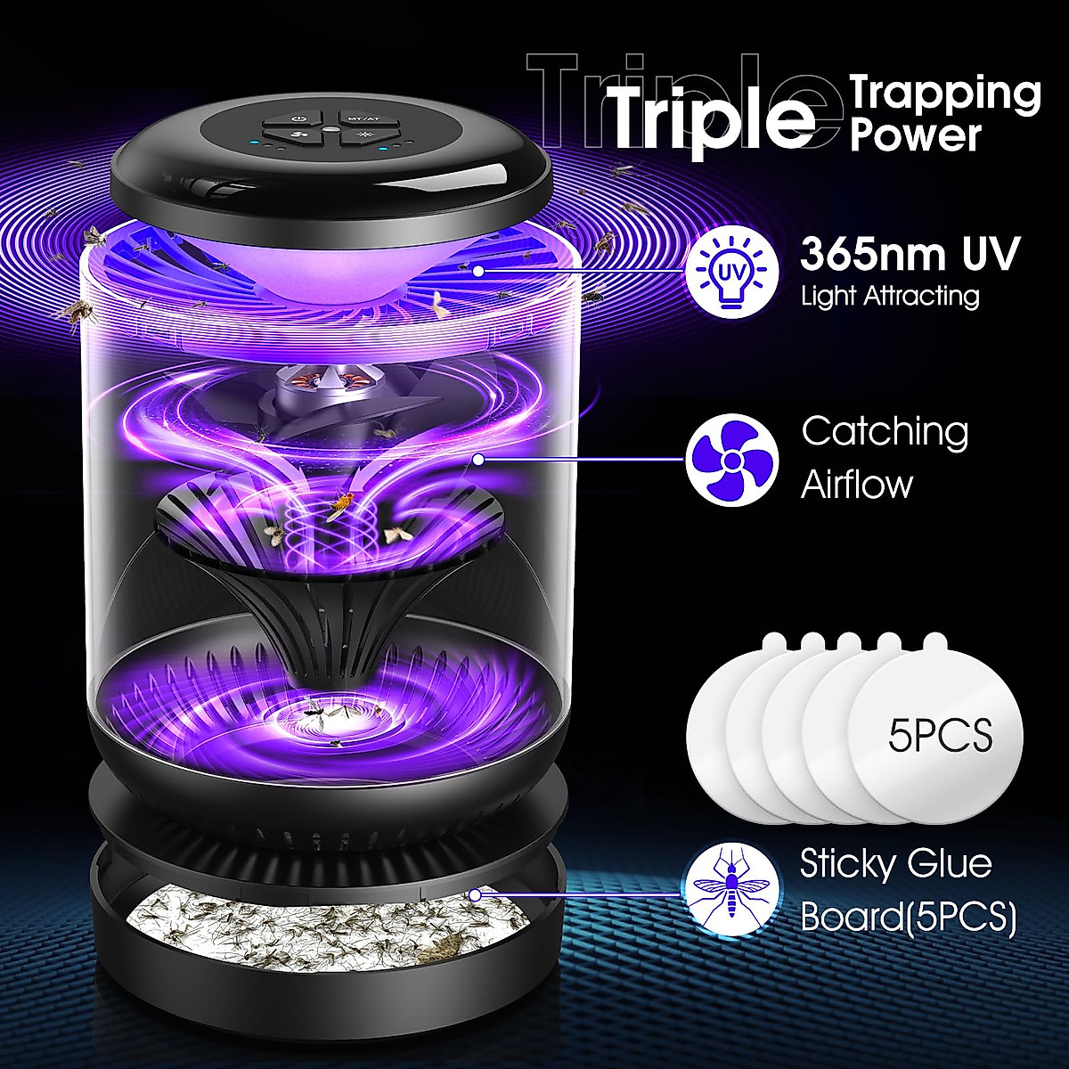 Fly Trap Indoor, Bug Light Trap Indoor, Remote Control Fruit Fly Trap, Gnat Trap, Mosquito Trap, Catch Insect Indoor with Light Suction Sticky Glue, Adjustable Brightness and Fans (Black&Dark Blue)