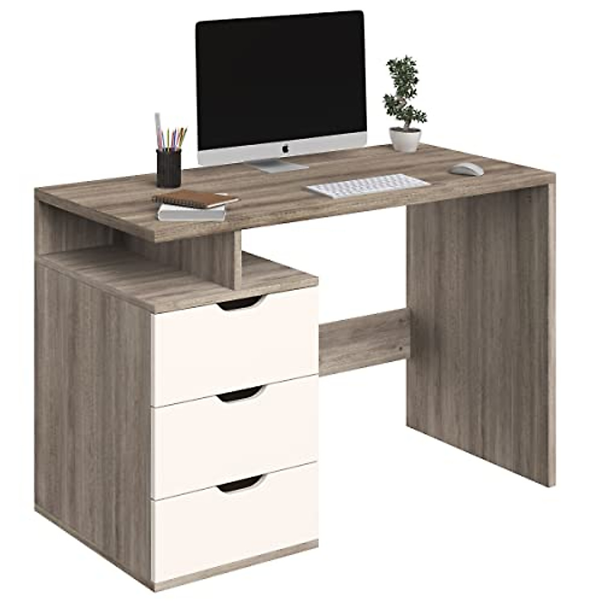 Lavish Home Computer Desk - Contemporary Desk with Attached 3-Drawer File Cabinet - for Home Office, Bedroom, Computer, or Craft Table (White)