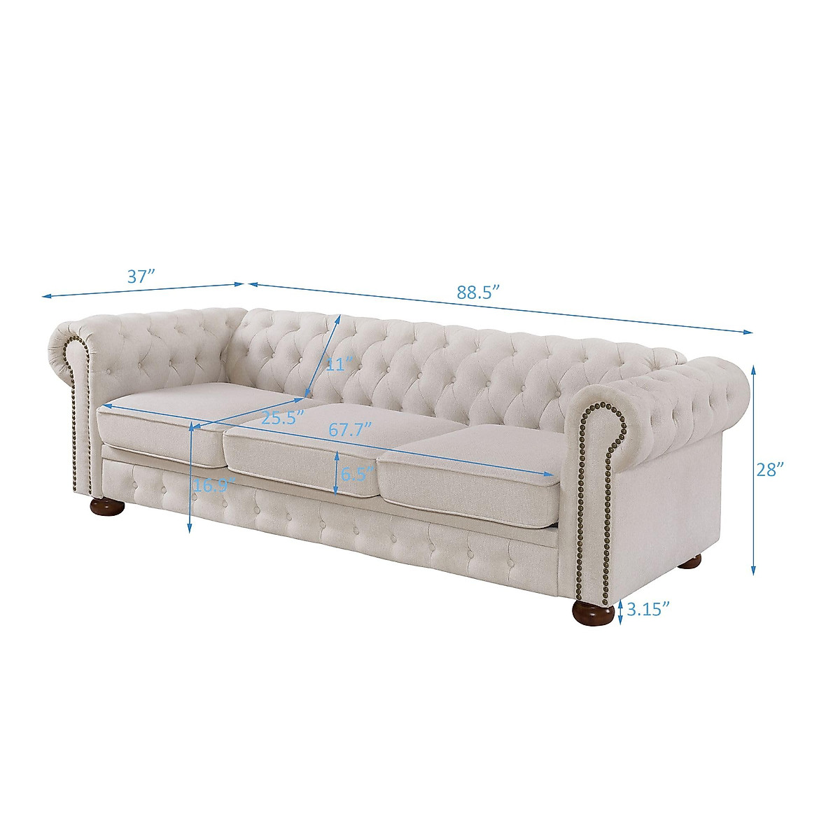LUMISOL 3 Seater Couch for Living Room, Modern Upholstered Tufted Couch with Nailhead Trim & Wood Legs, Chesterfield Sofa with Rolled Arms