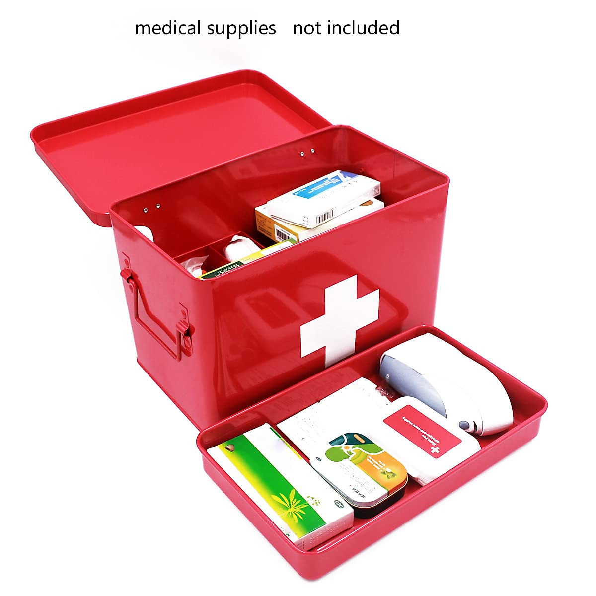 Funly mee Vintage First aid Box for Home, Medicine Tin, Red Metal Medicine Storage Box (Large 12.6× 8.3×7.7 inches)