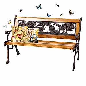 Metal Outdoor Bench Patio Bench Cast Iron Steel Frame Garden Bench Patio Furniture Chair Outdoor Wood Bench w/Animal Pattern Design Backrest, Wood Slatted Seat for Yard, Porch, Bronze