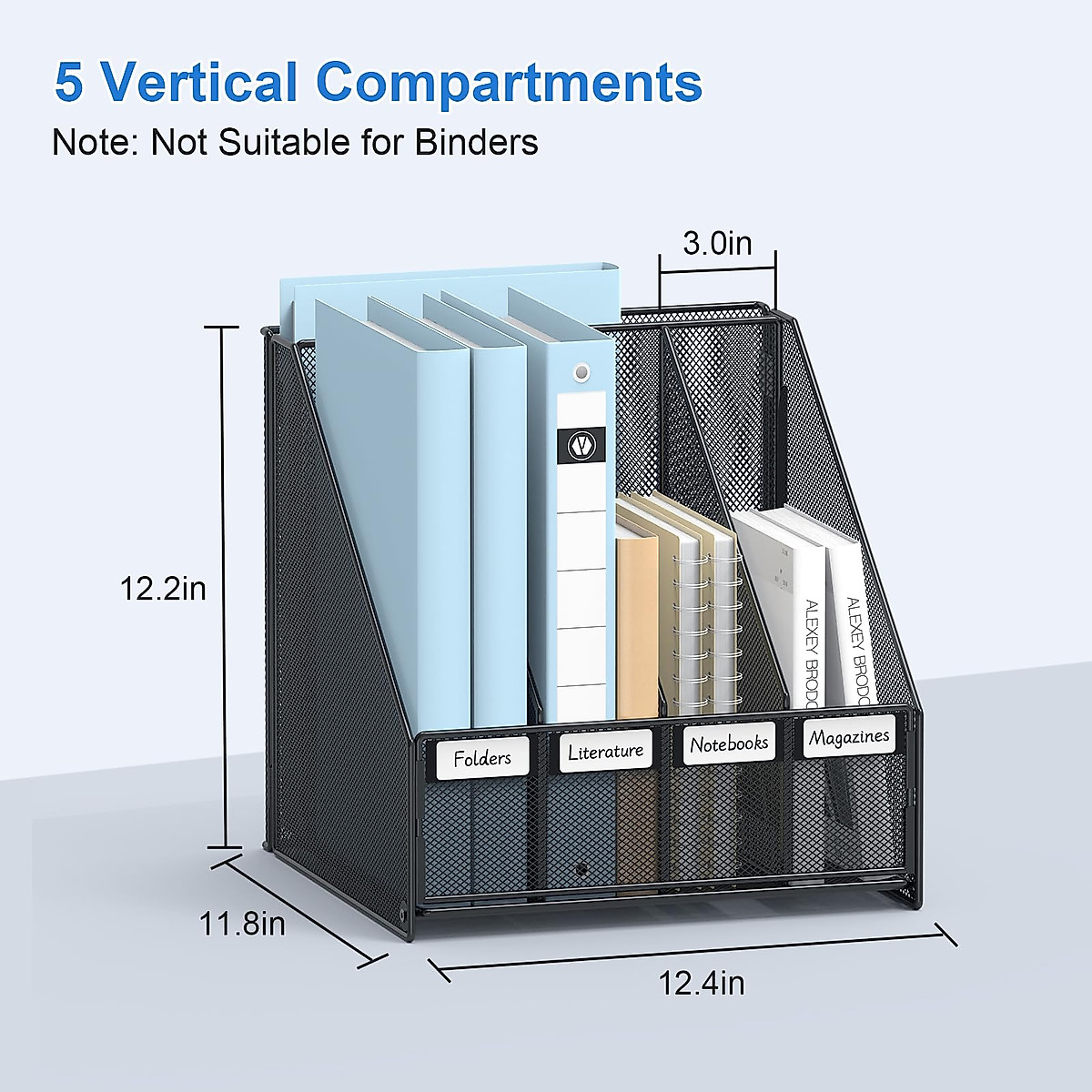 OUTWOLF Magazine File Holder with 4 Vertical File Sorters, Desk File Organizer Book Binder Holder Rack, Black