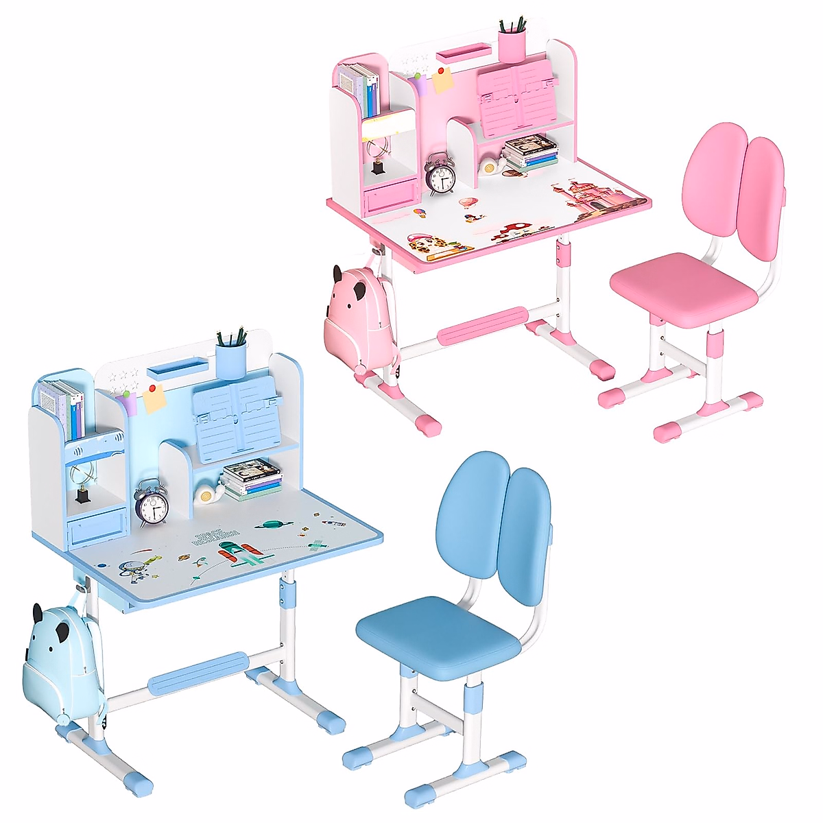 pofluany 2024 Upgraded Wide Kids Table and Chair Set, Height Adjustable Kids Functional Desk and Chair Set for Kids, Desk for Girls, Study Table for Girls Boys, Writing Table for Studying Reading Blue