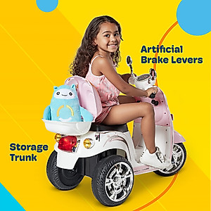 Kidzone Ride On Motorcycle Toy 3-Wheel Battery Powered Motorbike for Kids with Music, Headlight, Horn, Storage Trunk, Key Switch for Boys & Girls - Light Pink