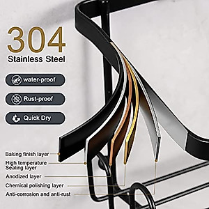 Bathroom Shower Shelf Organizer Rack 2-Pack, Strong Adhesive Shower Caddy with Soap Holder and 11 Hooks, No Drilling Wall Mounted Rustproof Stainless Steel Shower Shelf for Inside Shower, Black