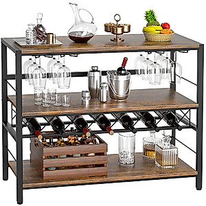 Ecoprsio Wine Rack Table, Industrial Bar Cabinet with Wine Rack and Glass Holder Vintage Liquor Cabinet with Storage for Bar, Buffet, Dining Room, Living Room, Kitchen, Rustic Brown