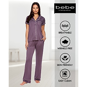 bebe Womens Pajama Sets - Notch Collar Pajama Top and Pajama Pants PJ Set - Ladies Pajamas (Midnight Lavender, Large)
