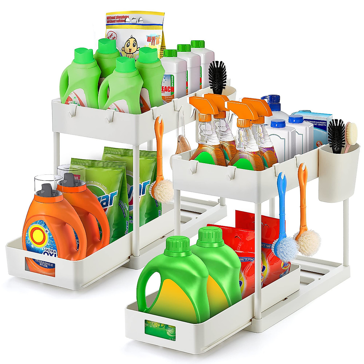 Under Sink Organizers and Storage, 2 Tier Pull Out Cabinet Organizer, Kitchen Cabinet Organizer Bathroom Sink Organizer with Hooks, Cabinet Organizers and Storage for Bathroom, White, 2 Pack