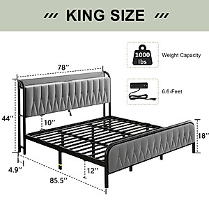 Feonase Velvet King Szie Bed Frame with Fast Charging Station,Metal Platform Beds with Upholstered Headboard & Footboard,12" Underbed Storage Space, Easy Assembly,Noise-Free,Matte Gray
