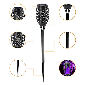COCOMOX Halloween Decorations Outdoor, 12 Pack Purple Solar Lights Outdoor Waterproof 12 LED Mini Tiki Torch Lights with Flickering Flame for Outside Landscape Garden Pathway Dusk to Dawn Auto On/Off