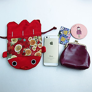 BARbee Red Japanese Chirimen & Kimono Print Fabric Goldfish Drawstring Pouch Coin Dice Purse Cosmetic Jewelry Key Travel Storage Bag Valentine's Day Gift Christmas Gift (Large)