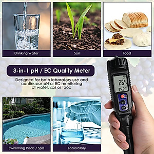 3-in-1 Digital pH | EC | Temperature Tester, Food pH Meter with Corded Sensor IP65 Probe, High Precision pH EC Tester with ATC for Water, Food, Meat, Fermentation, Solid Samples and Soft Soil