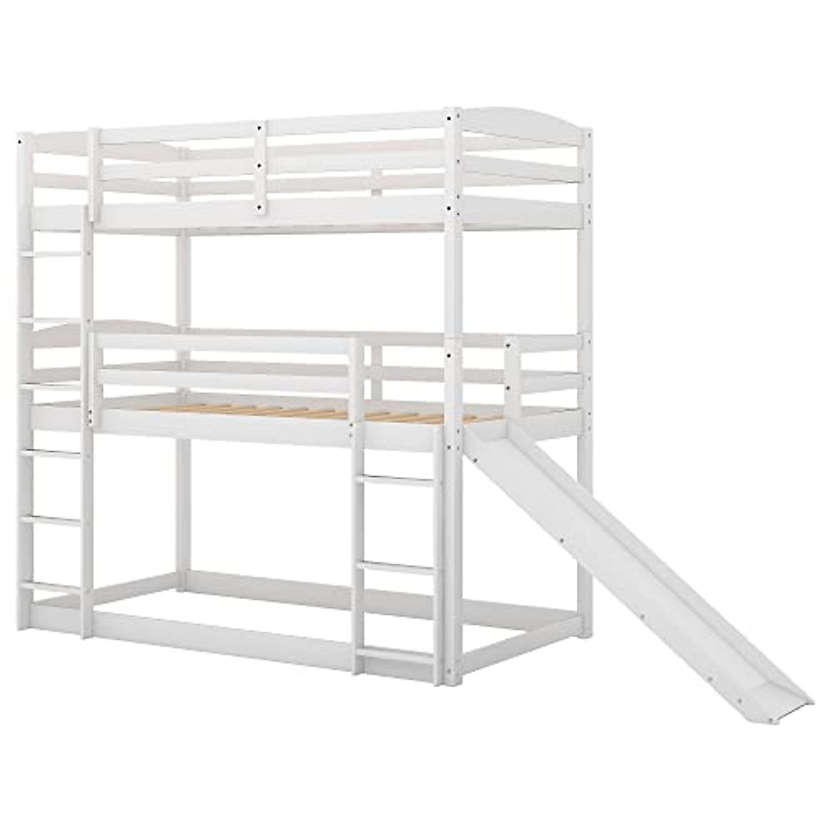 KoiHome Twin Over Twin Over Twin Adjustable Triple Bunk Bed with Slide & Two Ladders, Full-Length Guardrail & Solid Slat Support, Space-Saving for Kids Teens Bedroom, No Box Spring Needed, White