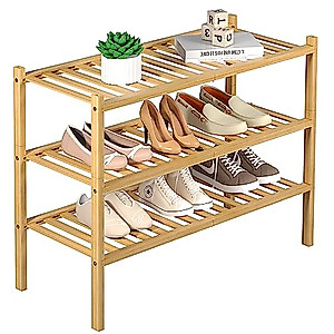 ROMGUAR CRAFT 3 Tier Bamboo Shoe Rack for Closet Free Standing Wood Shoe Shelf for Entryway Small Space Stackable 27"x11"x20" (Natural)