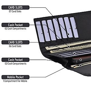 HUFFAM Genuine Leather Wallets for Women 2024 RFID Blocking Ladies Large Trifold Slim Clutch Black Wallet for Women - 13 Card Slots, 4 Cash Slots - Fits iPhone 14