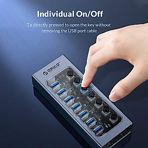ORICO USB Hub 3.0 Powered 7 Ports USB Data Hub with 12V2A Power Adapter, Individual Power Switches, and LEDs, USB Extension for iMac Pro, MacBook Air/Mini, PS4, Surface Pro, Notebook PC, Laptop, HDD