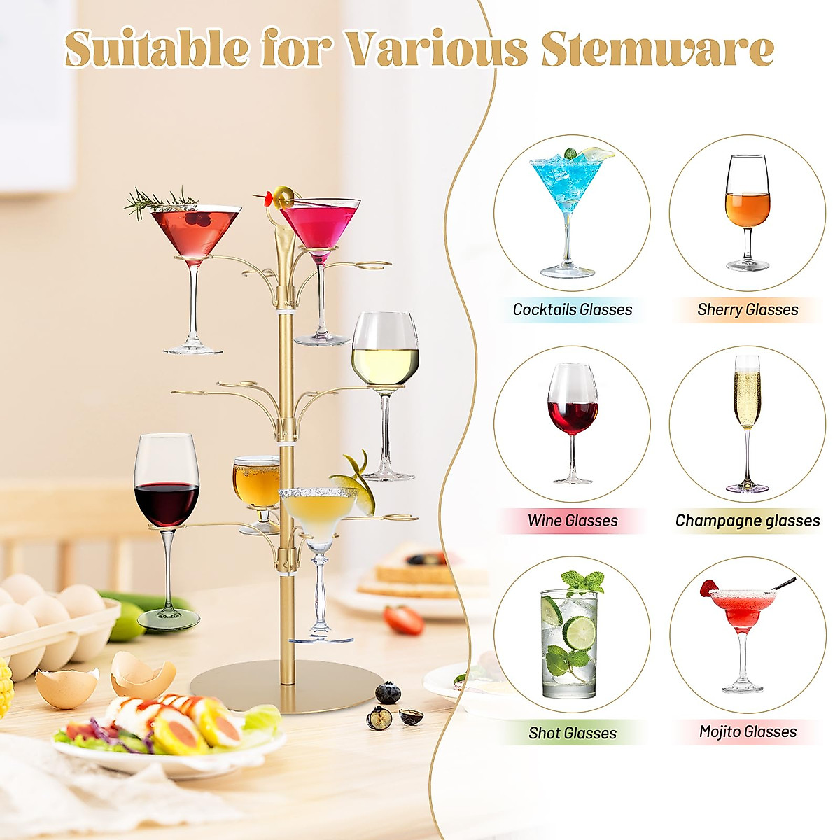 ALIMOTA Cocktail Tree Stand for Drinks Champagne Tower Wine Glasses Holder, 3 Tier 12 Holders, Bar Home Drinks Tree Display Suitable for Gin, Cocktails, Champagne, Wine