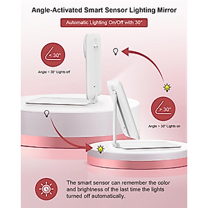 Gospire Travel Makeup Mirror with Lights and Magnification 10X, Portable Make Up Compact Tabletop with Adjustable Stand, 3 Colored Light Rechargeable Lighted LED Cosmetic Vanity- White