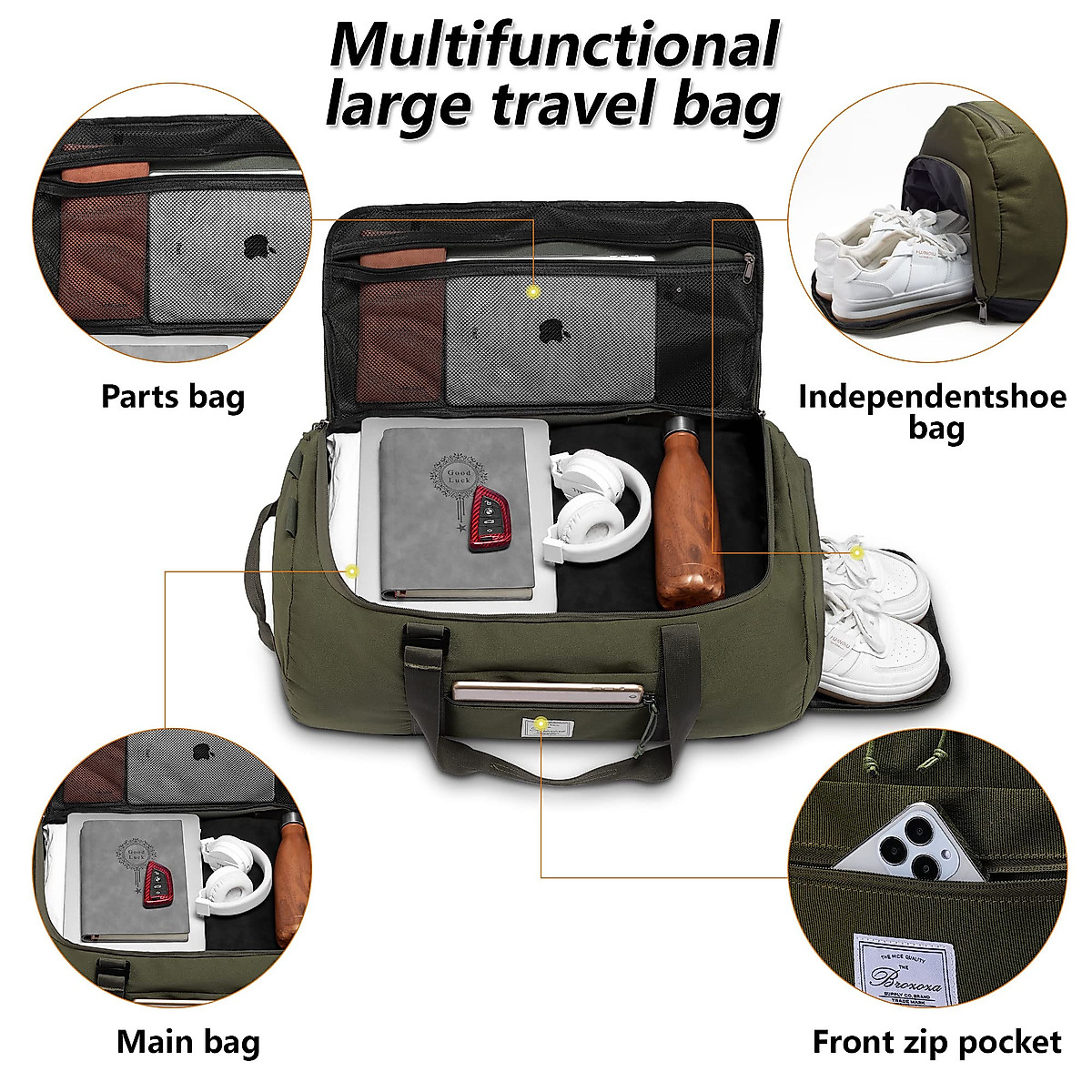 Brozoza Travel Duffle Bag for Men 65L Large Size Traveling Duffel Bag Weekender Overnight with Shoes Compartment Multifunctional Sports Gym Bags (Green)