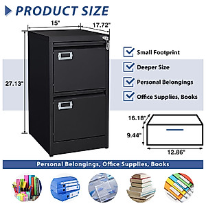 Anxxsu 2 Drawer File Cabinet, Filing Cabinets for Home Office, Metal Vertical File Storage Cabinet with Lock, Locking File Cabinet for A4 Legal/Letter, 15.1" W x 17.7" D x 28.7" H, Assembly Required