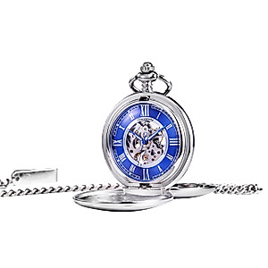 TREEWETO Pocket Watch - Smooth Double Case Series Skeleton Dial Delicate Mechanical Movement with Chain, Silver