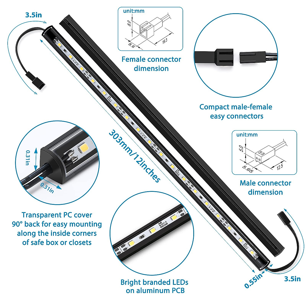 Litever LED Safe Lighting Kit. Door Control Activated. 6 pcs Slim 12 inch Light Bars. Linkable Extendable Plug-in for Gun Safe, Closet, Showcase, in-Cabinet Under Counter Pantry. Daylight 5000K