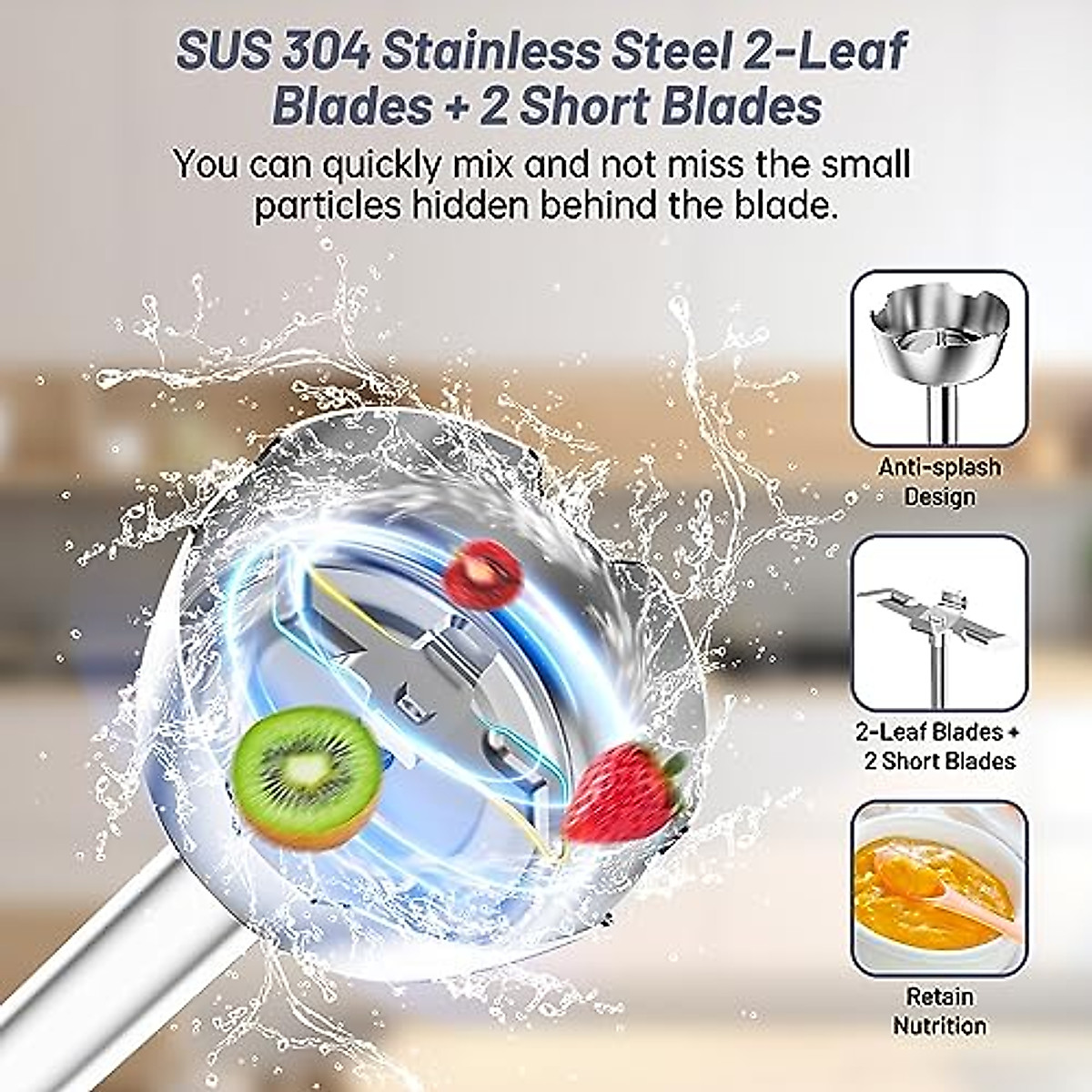 Immersion Blender 800W, 5 in 1 Hand Blender, 24 Speed and Turbo Mode Immersion Blender Handheld, Stick Blender Stainless Steel Blade with Mixing Beaker, Chopper, Whisk and Milk Frother