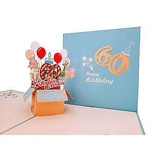 iGifts And Cards Happy 60th Blue Birthday Party Box 3D Pop Up Greeting Card – Sixty, Awesome, Balloons, Presents, Unique, Celebration, Feliz Cumpleaños, Fun