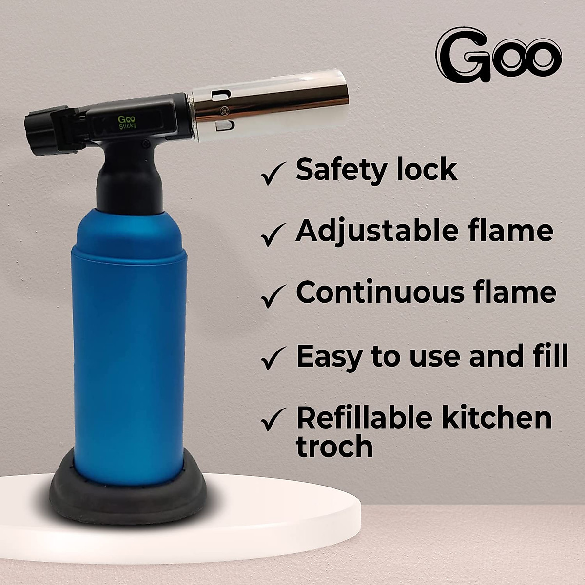 Goo Sticks Butane Torch, Reusable Kitchen Blazer- Butane Culinary Blow Lockable Torch-Locked Heavy Flame with Double Flame for Best Cooking for Food, Baking, BBQ or any other purpose - blue