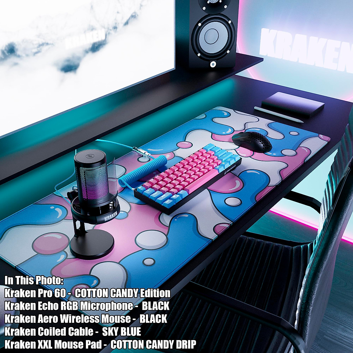 KRAKEN KEYBOARDS Pro 60 Percent Keyboard 60% Gaming Keyboard Mechanical - Blue & Pink - HOT SWAPPABLE - for Gaming On PC, Xbox, PlayStation & MAC (Cotton Candy | Silver Switches)