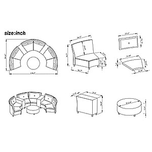 XD Designs 6-Persons Outdoor Half Round Patio Rattan Sectional Sofa Set, All Weather PE Wicker Free Combination Conversation Sofa Set with Thick Cushions and Coffee Table for Garden Yard (Brown+Gray)