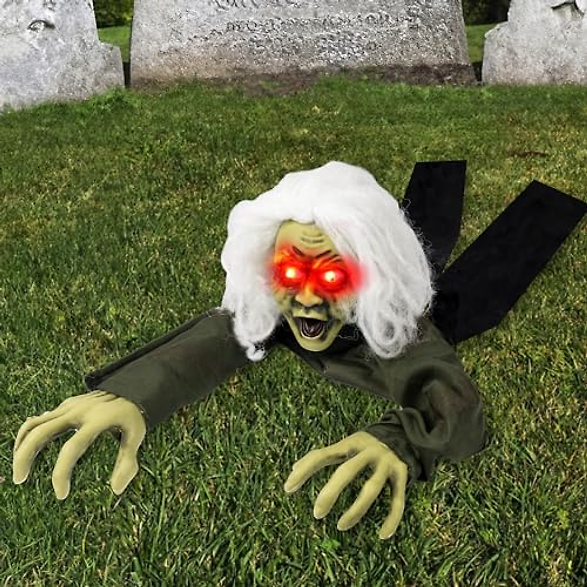 Hourleey Halloween Outdoor Decorations, Animated Zombie Groundbreaker Climbing Prop Halloween Decor with Lighted Eyes and Scary Sound for Graveyard Haunted House Indoor Lawn Yard