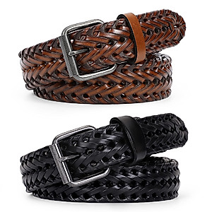 WERFORU 2 Pack Men’s Leather Braided Belt, Cowhide Leather Woven Belt for Jeans 1.3 Inch Wide with Prong Buckle,Black+Orange Brown,Fits Pants Size 34-38 Inches