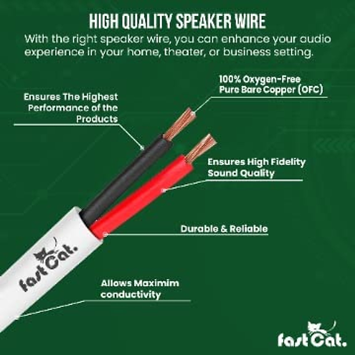 fast Cat. Speaker Wire 14 Guage 2C, UL Listed & CMR/CL3R-FT4 Rated - Speaker Cable w/PVC Jacket, 100% Oxygen-Free Pure Bare Copper - (105) HighFlex 14 Guage Wire - in-Wall Use-500ft Bulk Cable, White