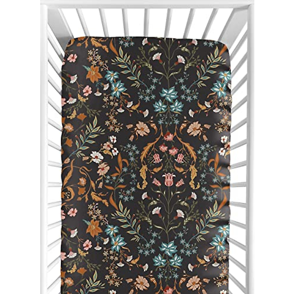 Sweet Jojo Designs Boho Wildflower Vintage Floral Girl Fitted Crib Sheet Baby Toddler Bed Nursery Black Rust Orange Teal Daisy Leaves Botanical Paisley Leaf Flower Bohemian Farmhouse Turquoise Blue