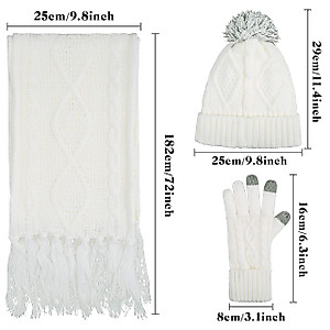 Scarf Hat Gloves Set Women Warm Knit Winter Gift Pom Beanie Touch Screen 3 Pcs (Cream white)