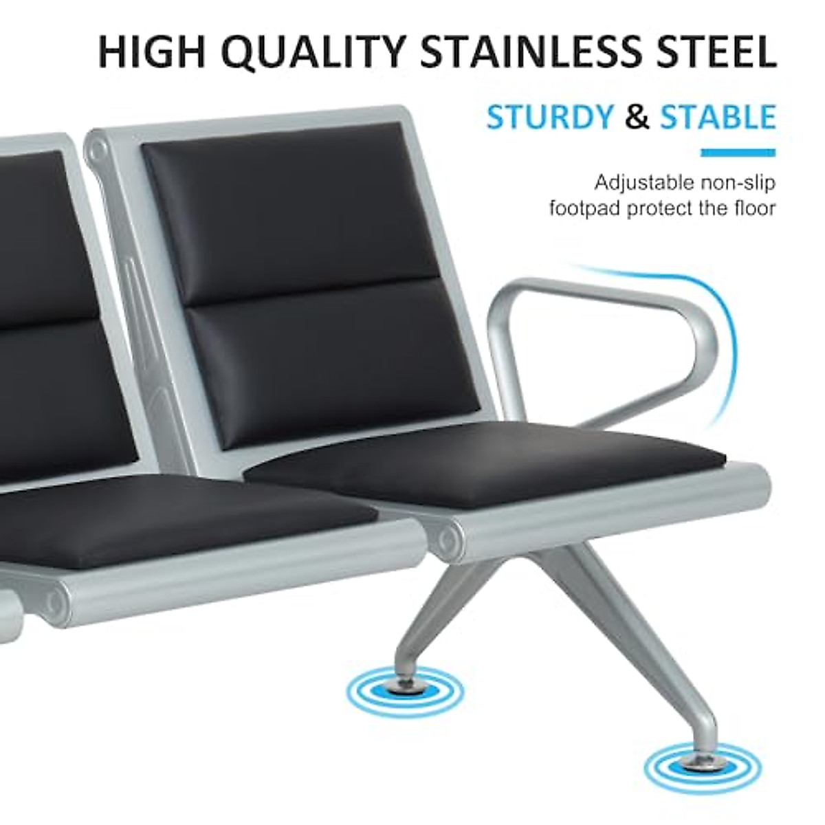 JSUN7 3 Seat Airport Reception Chair, Waiting Room Chairs with Arm, Black Leather Waiting Room Benches, Office Guest Chairs for Lobby Airport Salon Barber Shop Bank and Market, Set of 3