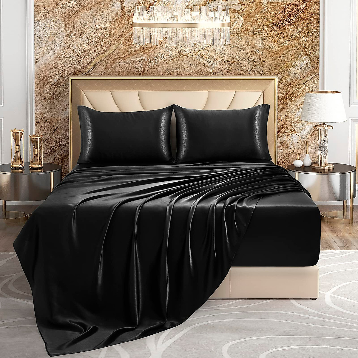 VACVELT 4pcs Extra Deep Pocket Satin Sheets Queen Size Bed Set, Black Satin Sheet Set Fit 18-24 Inch Deep Pocket Mattress, Silky & Luxury Satin Bedding Set Soft & Ultra Deep Fitted Sheet Set